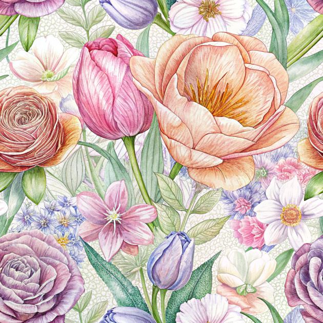 Create a pattern featuring a variety of flowers such as roses, tulips ...