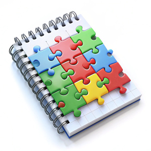 A notebook with puzzle pieces on white background - Recraft