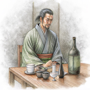 samurai sits in front of a table with a bottle of sake and a cup for ...