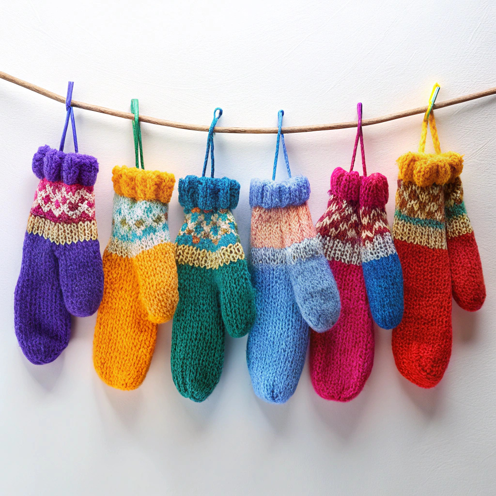 Colorful Mittens Hanging on white background - Recraft