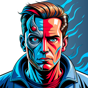 Half human half Terminator face, black stroke, white background - Recraft