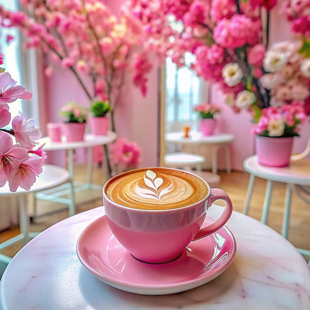 Foto of the coffee in the pink flowery coffee shop - Recraft