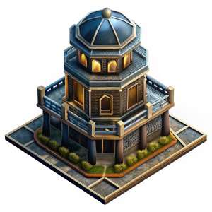 a square isometric tower for dark mafia game in 1930s with transparent ...