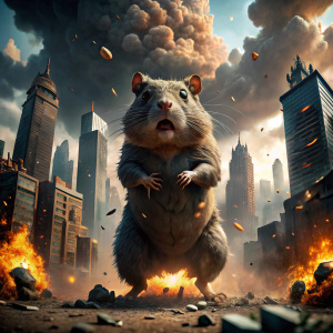 hamster godzilla destroys a city, epic, buildings falling, debris ...