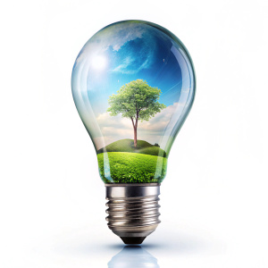 The light bulb represents renewable green energy for eco-friendly ...