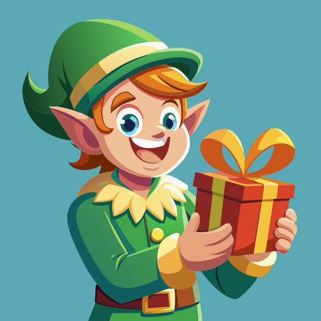 Smiling elf holding gift box illustration - Recraft