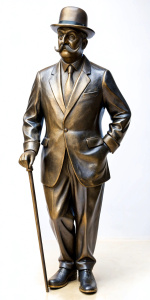 A bronze statue of Hercule Poirot as played by David Suchet, a bowler ...