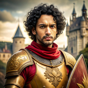 close up of a medieval knight raising his shield. GOlden armor and red ...