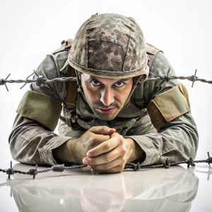 Soldier crawling under barbed wire , on white background - Recraft