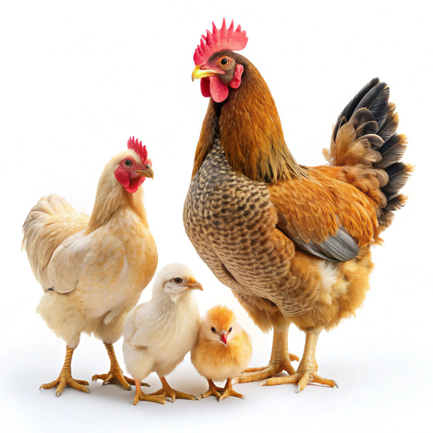 Family of Chickens with Rooster, Hen, and Chick on white background ...