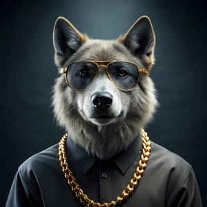 Generates an image of a bust of a rapper wolf with a confident and ...