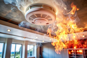 Smoke detector mounted on roof in apartment fire, alarm, smoke, safety ...
