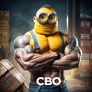 pumped-up minion with a text CBO - Recraft