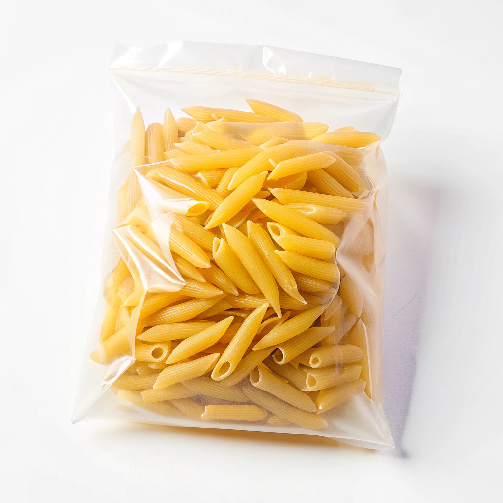 plastic transparent vacuum bag with penne pasta on white background ...