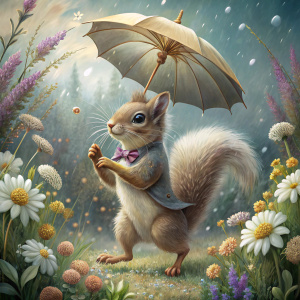 An adorable, elegant, fancy squirrel holding an umbrella, dancing in ...
