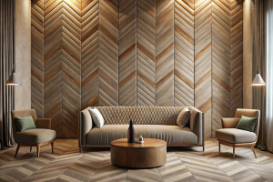 The herringbone pattern on the walls of this living room lends a sense ...