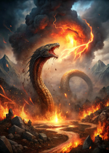 serpiente de fuego saliendo de la tierra con un fondo de destruccion ...