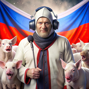 angry smiling orc with microphone in headphones blogger man , in hood ...