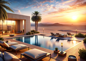 High-end seaside desert oasis hotel looking out the window with infinity pool, beautiful sunrise ...