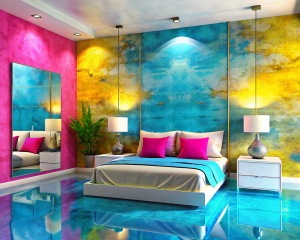Create an image of a modern style bedroom with Venetian plaster on the ...