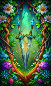 Two knight's swords cut each other. In the middle is a gem. The frame ...