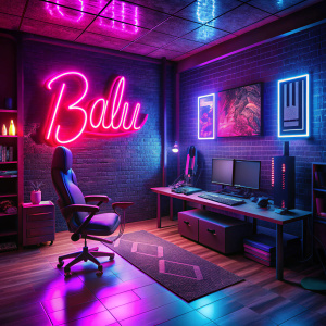 Create an image of a Youtuber's Studio room with a subtle neon glow ...