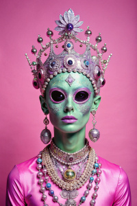 pink background. a alien wearing lots of jewelry and a crown made of ...