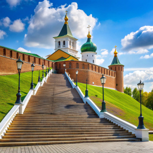 Nizhny Novgorod Kremlin and Chkalov stairs, Russia on white background ...