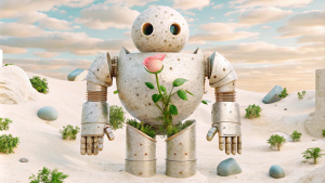 A giant rusty half-destroyed robot, half buried in the soil, with parts ...