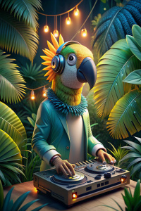 parrot as a DJ with headphones, mixing console, and turntables, with ...