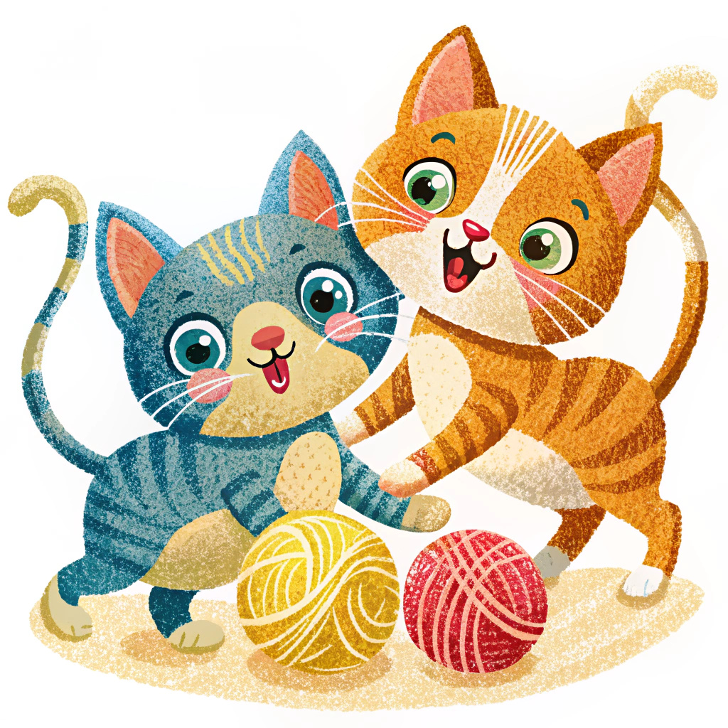 2 Playful Kittens playing Yarn Balls, white background - Recraft