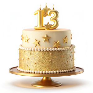 golden 13th birthday cake on white background - Recraft