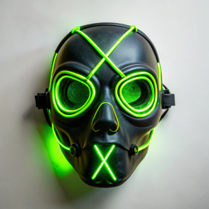neon doomsday mask with x shaped eyes on white background - Recraft