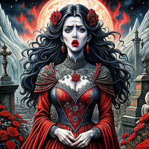 a young widow vampire criying stands at the grave she have a long black ...