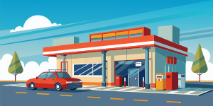 car service station building from the outside side view at an angle ...