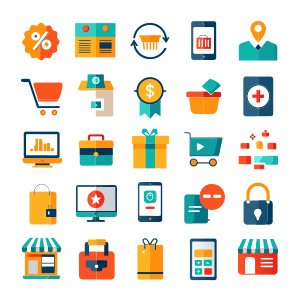 set of 30 small modern flat e-commerce icons, three sizes, ui set ...