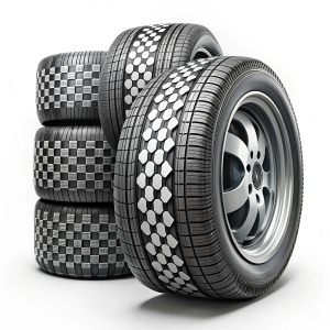 A set of tires with a white background with a checkered pattern a white ...