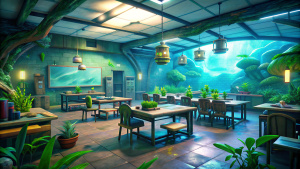 bright school biology classroom in an underground school in a shelter ...