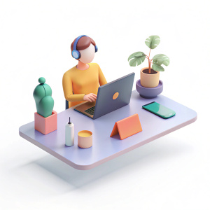 minimal person working with laptop and cell white background - Recraft