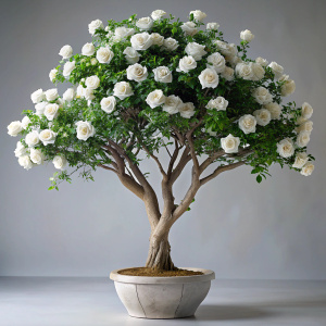 banzai tree of beautiful white roses on a light gray background - Recraft