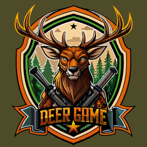 Create a 2D game logo for a deer hunting game, designed in a badge ...