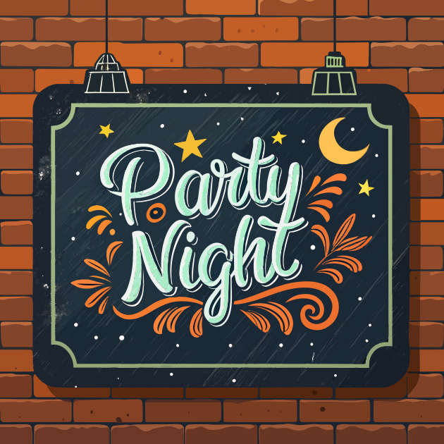 "Party Night" written on the Chalkboard with lettering on brick wall ...