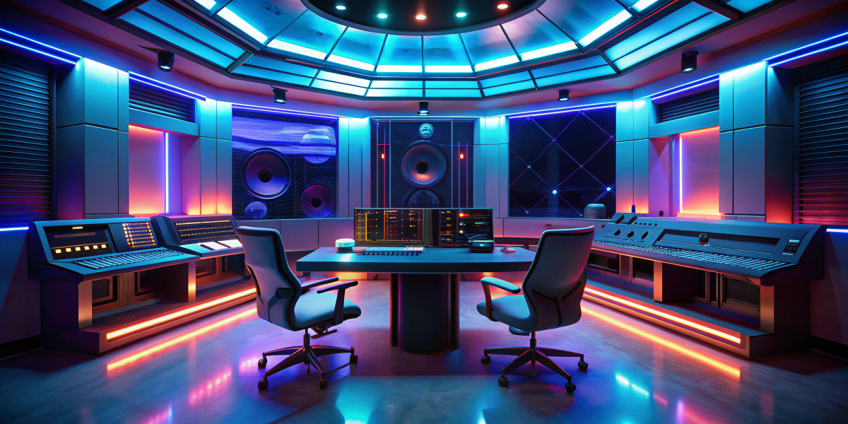 futuristic recording studio with modern equipment and interior. Colour ...