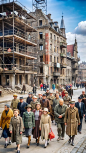 Scene showing the post-war impact, with European cities rebuilding ...