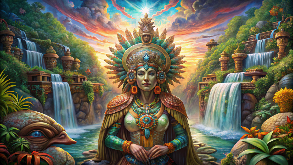 cmyk, painting, ultra realistic, tribal Aztec goddess with oriental ...