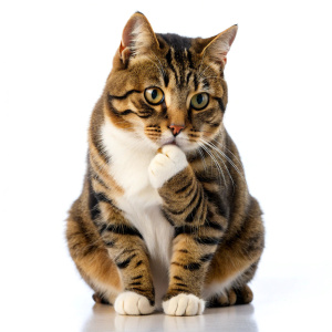 A pensive cat who leaned his paw against his face on a white background ...