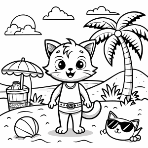 Black and white Coloring page for kids,cat in the beach, clean line art ...