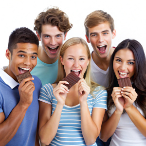 university students eat chocolate on white background - Recraft