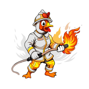 A firefighter chicken in gear, bravely holding a hose to extinguish a ...