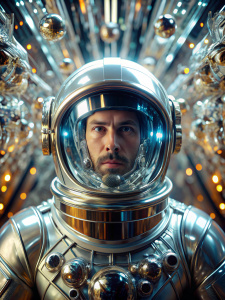 Virtuoso of a cosmonaut in a shiny metallic space, in the style of ...